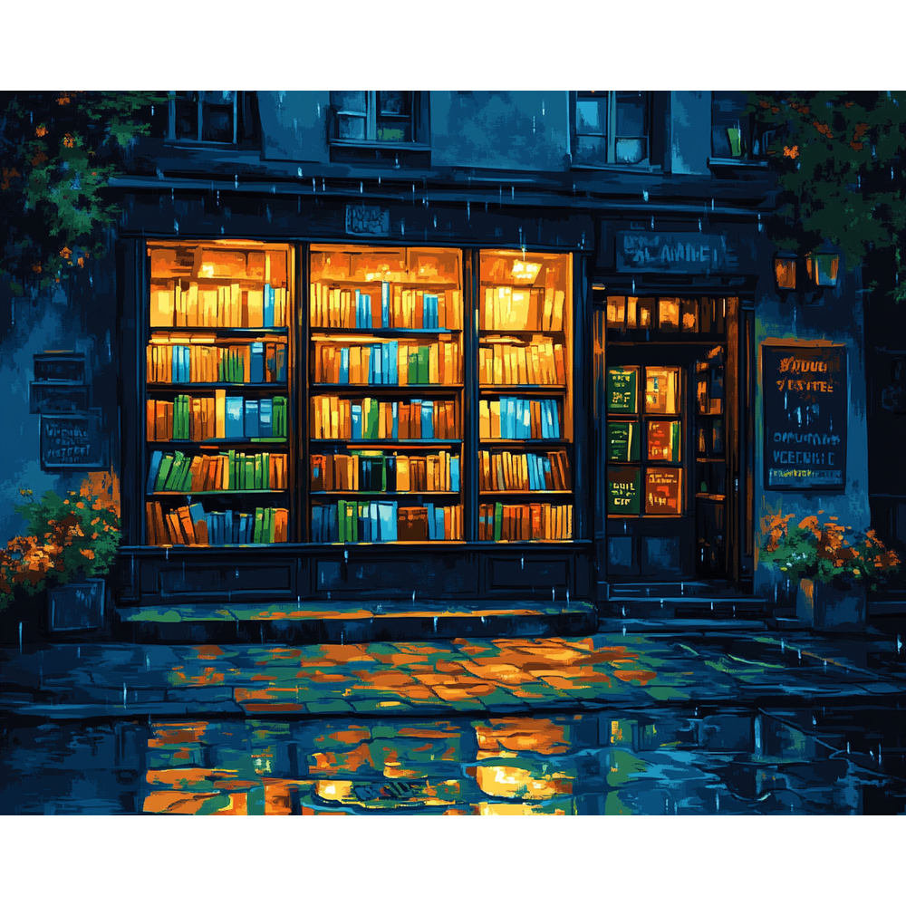 Rainy Bookstore Glow | Paint by Numbers Kit by Craftoria